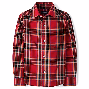 The Children's Place Boys' Long Sleeve Poplin Button Down Shirt, Red Birch Plaid, Small