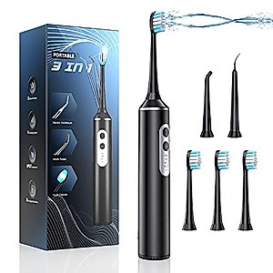 Water Dental Flosser with Electric Toothbrush, One Switch Between Tooth Brush & Water Floss, 3 in 1 Teeth Cleaning Kit with 4 Modes, Water Flosser Portable for Travel and Home (Black)