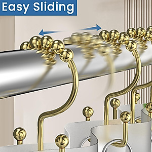 BATHDESIGN Shower Curtain Hooks Rings, Rust Proof Stainless Steel Shower Curtain Hooks Double Sided for Bathroom Shower Rods Curtains, Set of 12, Gold