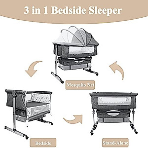 Kaptin Baby Bassinet Bedside Crib, Bedside Sleeper for Baby, Heigt Adjustable Crib with Wheels, Easy Folding Portable Baby Cradle with Large Storage Basket, for Infant/Baby/New Born (Grey)