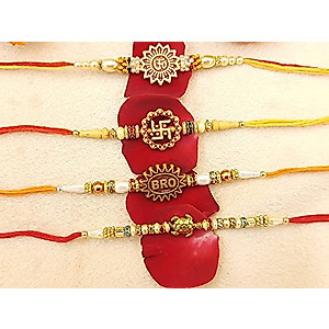 Rakhi for Brother Sister celebration. Designer Multicolor Stones Rakhi Gift, Wrist bands for loving, Brother, Sister, Father & family. (Rakhi Des.4- Om, Bro &Good Luck Tortoise Set of 4, Small)