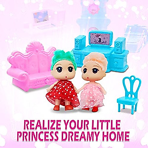 Doll House Dream House for Girls - DIY 3 Story 6 Rooms Pink Dollhouse with 6 Dolls Toy Figures, Pet Dog, Furniture, Pretend Play House with Accessories, Ideal Birthday Toy for Girls