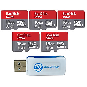 SanDisk 16GB Micro Ultra Memory Card (5 Pack Bundle) 98MB/s Speed Class 10, SDHC Works with Android Phones, Galaxy Tablets (SDSQUAR-016G-GN6MN) Plus 1 Everything But Stromboli (TM) MicroSD Card Reader