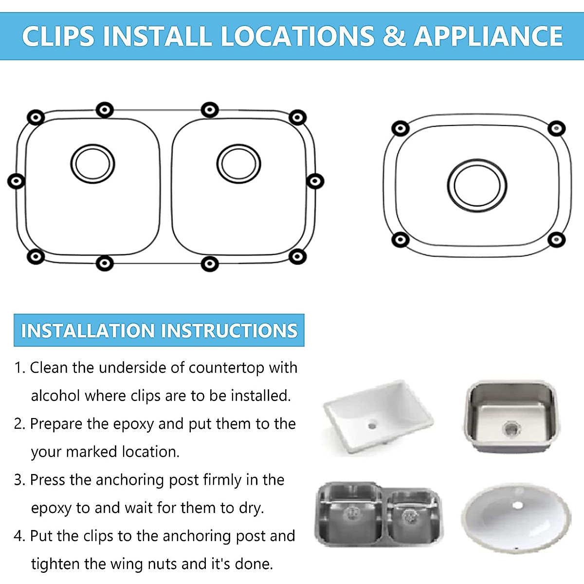 24 PCs Sink Clips Kit, Undermount Sink Clips, Sink Mounting Kit Bracket, Installation Repair Hardware Clips Fastener Support for Kitchen or Bathroom Sinks (Silver)