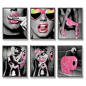 Luodroduo Fashion Wall Art Bathroom Decor Prints Set of 6 Pink Glam Glitter Tissue Canvas Posters Pictures Photos Funny Modern Women Bathroom Toilet Artwork Wall Black and White (8"x10" UNFRAMED)