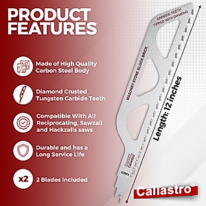 Caliastro 12-Inch Brick, Masonry, Porous Concrete, Engineered Stone Cutting Reciprocating Saw Blade - 2 Pack