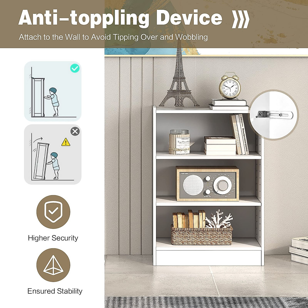 LOKO 3-Tier Open Bookcase, Modern 3-Cube Bookshelf with 18-Position Adjustable Shelves & Anti-toppling Devices, Multipurpose Cubical Display Storage Organizer for Living Room Study (1, White)