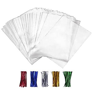 XLSFPY 100PCS Cellophane Bags Clear Plastic Cello Bags 4x6 with 4" Twist Ties 5 Mix Colors - 1.4 mils Thick OPP Treat Bags for Gift Wrapping Packaging Decorations Storage (4'' x 6'')