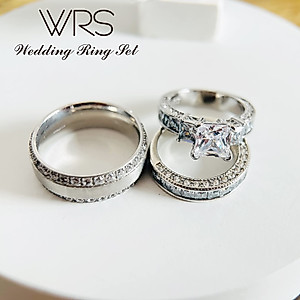 Two Rings His Hers Wedding Ring Sets Couples Matching Rings Women's 2pc White Gold Filled Square CZ Wedding Engagement Ring Bridal Sets & Men's Titanium Wedding Band