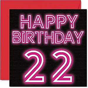 Fun 22nd Birthday Cards for Men Woman - Neon Glow - Happy Birthday Card for Son Daughter Brother Sister Grandson Granddaughter Niece Nephew Uncle, 5.7 x 5.7 Inch Greeting Cards, 22nd Birthday Card