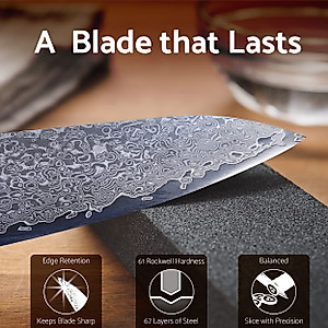 EXCALIBLADES Ultra Sharp 8" Damascus Chef's Knife. High Carbon 67-layers VG10 Stainless Steel Kitchen Knife, Ultra Sharp with Full Tang. Black Turquoise Ergonomic G10 Handle.