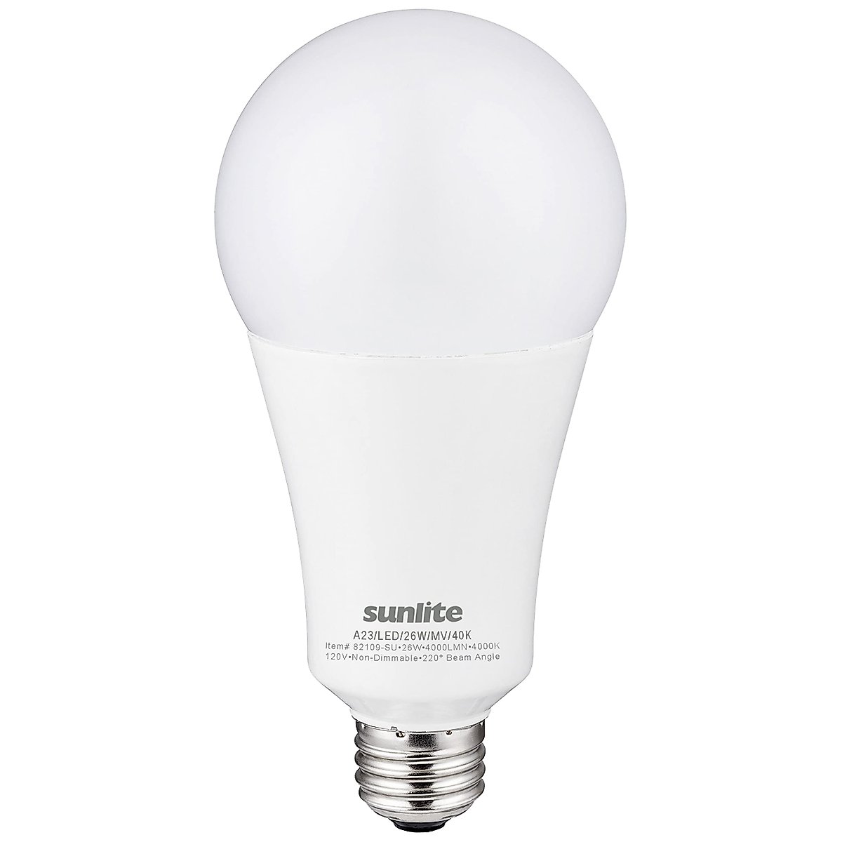 Sunlite 82109 LED A23 Light Bulb, 26 Watts (300w Equivalent), High Output, 4000 Lumens, Medium E26 Base, 120-227 Multi-Volt, Non-Dimmable, UL Listed, 4000K Cool White
