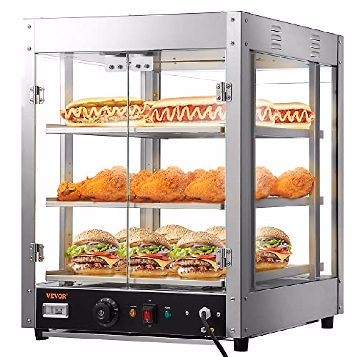 Commercial Food Warmer Countertop Pizza Cabinet with 3 Tiers, Convection Heating, Temperature Control, and Glass Display