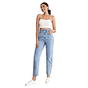 SweatyRocks Women's Casual High Elastic Waist Tapered Mom Jeans Cropped Denim Pants Light Wash Tall M