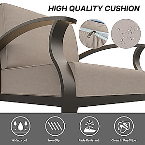 Gotland 6 Seats Outdoor Metal Patio Furniture Set with 55,000 BTU Gas Fire Pit Table w/Glass Wind Guard Patio Conversation Sectional Sofa Sets-Khaki