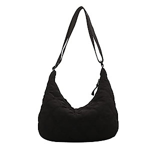Retro Embroidered Plaid Nylon Shoulder Bag Tote Bag for Fall Winter, Aesthetic Harajuku Handbag Fluffy Y2k Messenger Bag (Black)