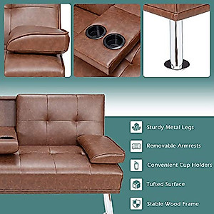 ARLIME Convertible Futon Sofa Bed, Faux Leather Sofa Sleeper W/Adjustable Backrest, Folding Cup Holder, Removable Armrests, Steel Leg, Modern Style Sofa Bed for Livingroom, Office, Apartment (Brown)