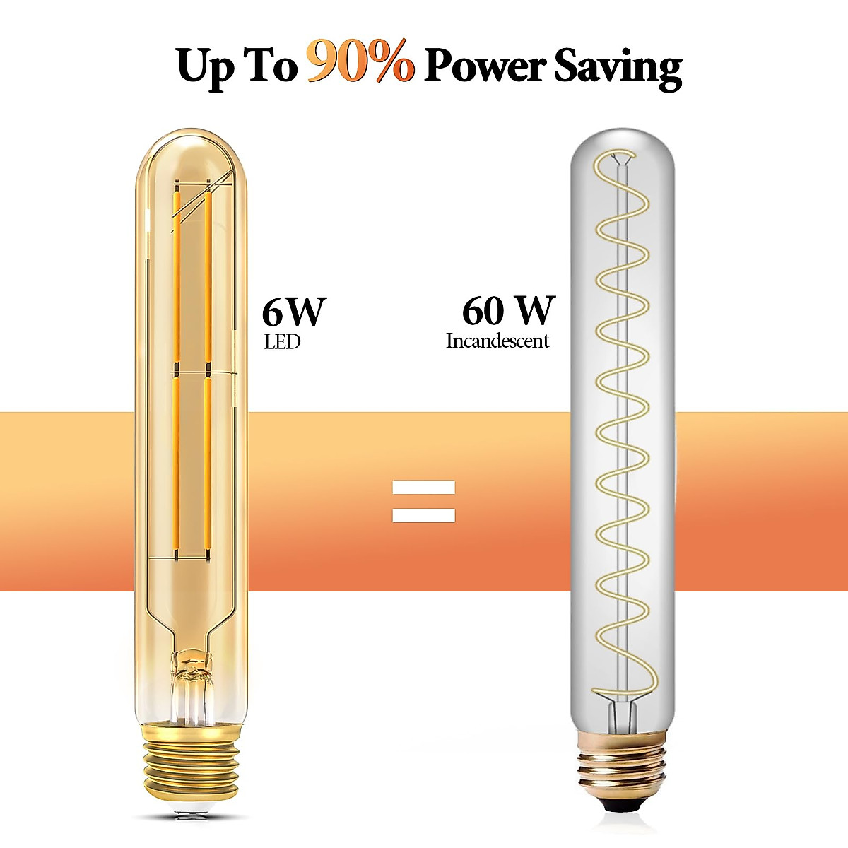 Tubular Light Bulb 7.3 Inch, Amber Long Tube Light Bulb T10 2700K Soft White Dimmable E26 LED Edison Bulbs 60 Watt Equivalent for Chandelier Vanity Outdoor Exterior Wall Sconce Pendant Light, 4Pack