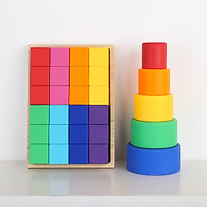 BLUE GINKGO Silicone Rainbow Blocks - Giftable Soft Blocks for Kids | BPA Free Silicone Blocks | Montessori Blocks, Silicone Rainbow Stacking Toy with Sorting Tray (24 PC - Vibrant)