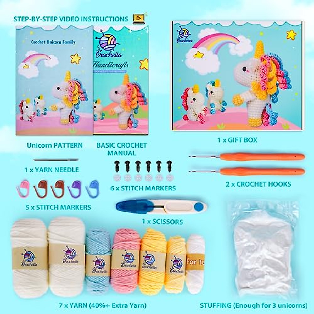Crochetta Crochet Kit for Beginners, Amigurumi Crocheting Animals Kits w Step-by-Step Video Tutorials, Knitting Starter Pack for Adults and Kids, Jumbo 3 Unicorn Familly (40%+ Yarn Content)