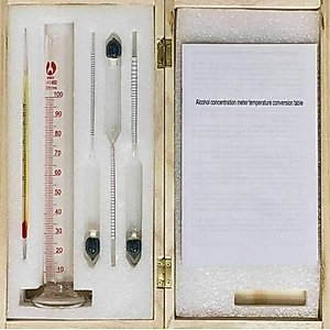 5 Pieces Alcoholmeter Accurate Alcohol Hydrometer Kit 0-100% ABV, for Spirits Whiskey Moonshine Distilling Liquor Testing with Glass Test Jar Wooden Storage Box (Wooden Box)