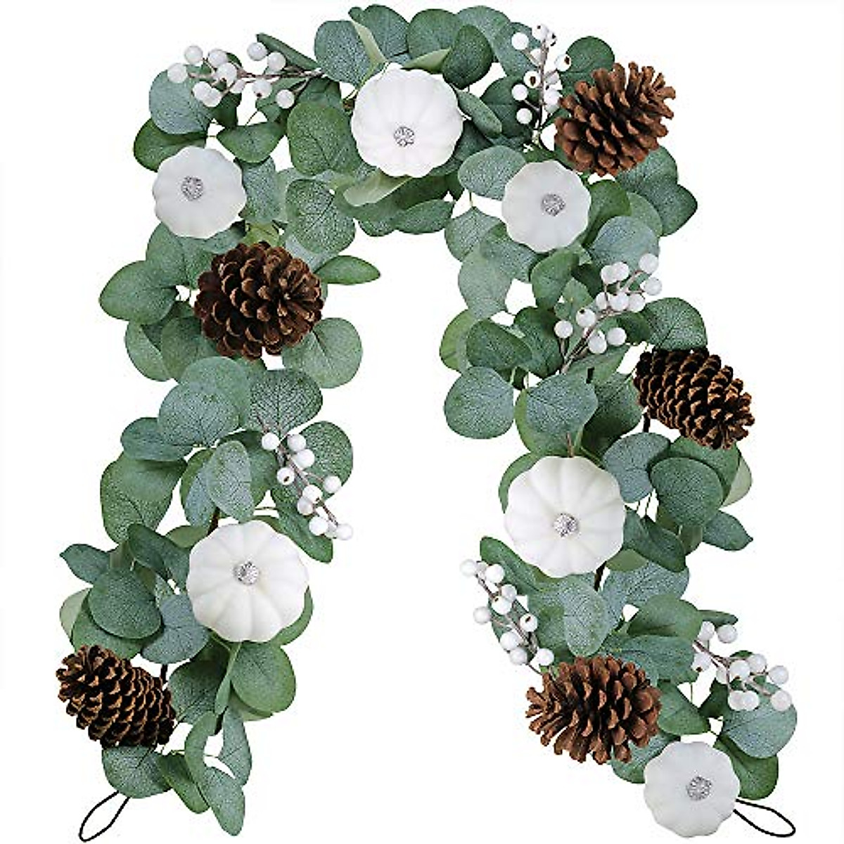 White Pumpkin Garland Artificial Eucalyptus Garland with White Pumpkins Pinecones Berries Fall Foliage Garland for Wedding Arch Backdrop Thanksgiving Table Runner Farmhouse Décor 6' Long
