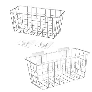 LeleCAT Hanging Kitchen Baskets For Storage Adhesive Sturdy Small Wire Storage Baskets with Kitchen Food Pantry Bathroom Shelf Storage No Drilling Wall Mounted,2 PACK,White
