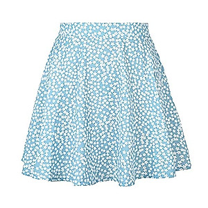 Bravetoshop Women's Boho Floral Print Elastic High Waisted Pleated A Line Mini Skirt E Girl Streetwear (Blue,XL)