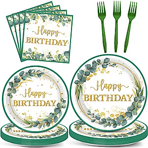 96 Pieces Greenery Eucalyptus Happy Birthday Plates Eucalyptus Birthday Themed Party Decorations Green Leaf Baby Shower Party Dessert Paper Plates Napkins Forks Supplies for 24 Guests Tableware Set