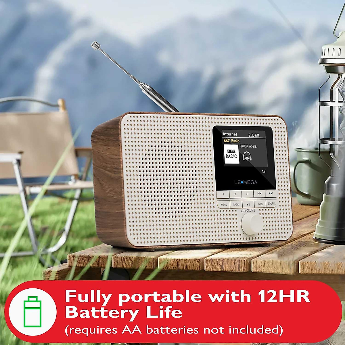 LEMEGA IR1 Portable WiFi Internet Radio,FM Digital Radio,Bluetooth Speaker,Dual Alarms Clock,Sleep Snooze Timer,40 Presets, Headphone-Output,Colour Display,Batteries or Mains Powered – Walnut Finish