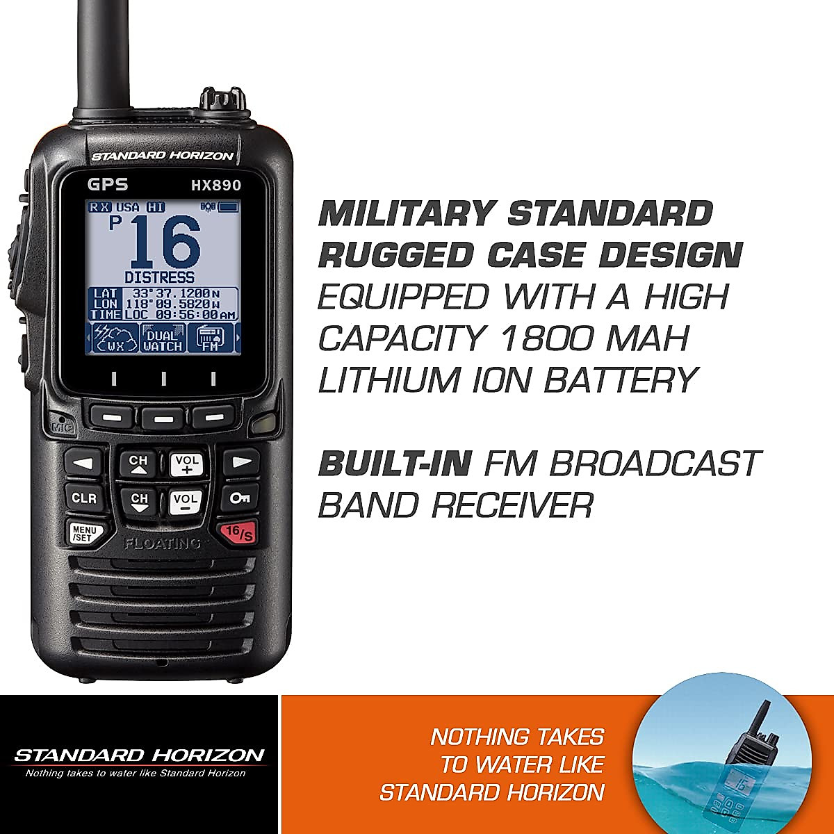 STANDARD HORIZON HX890BK VHF-HH, 6 Watt, w/GPS&FM Rcvr