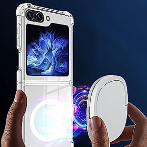 Magnetic Case for Samsung Galaxy Z Flip 5 Phone Compatible with PopSockets MagSafe, Heavy Shockproof Bumper (Clear)