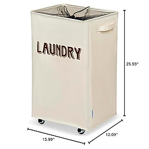 Wondersome Laundry Hamper with Wheels - Farmhouse Cream - 90-Liter Extra Large Collapsible Rolling Clothes Cart - Heavy Duty Locking Metal Wheel Tall Rectangular Canvas Storage Basket - US-Based Brand
