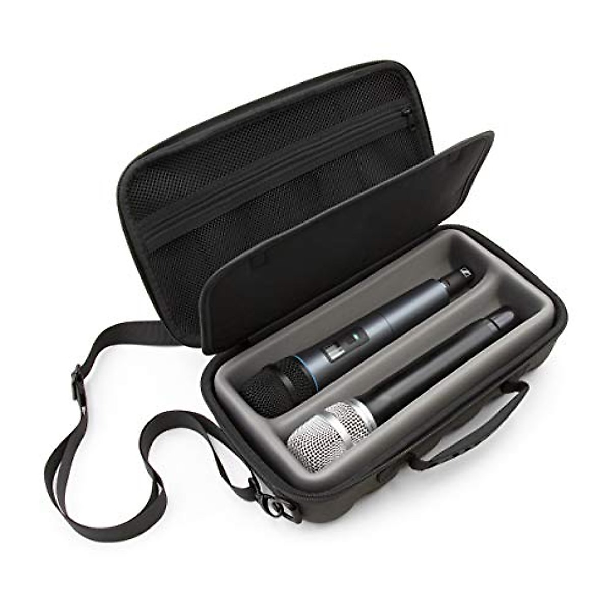 CASEMATIX Wireless Microphone Case Compatible with Two Wireless Mic System Microphones Up To 10.5" by Sennheiser, Shure and More - Sleek Mic Case For Travel with Lid Storage for Singing or Karaoke
