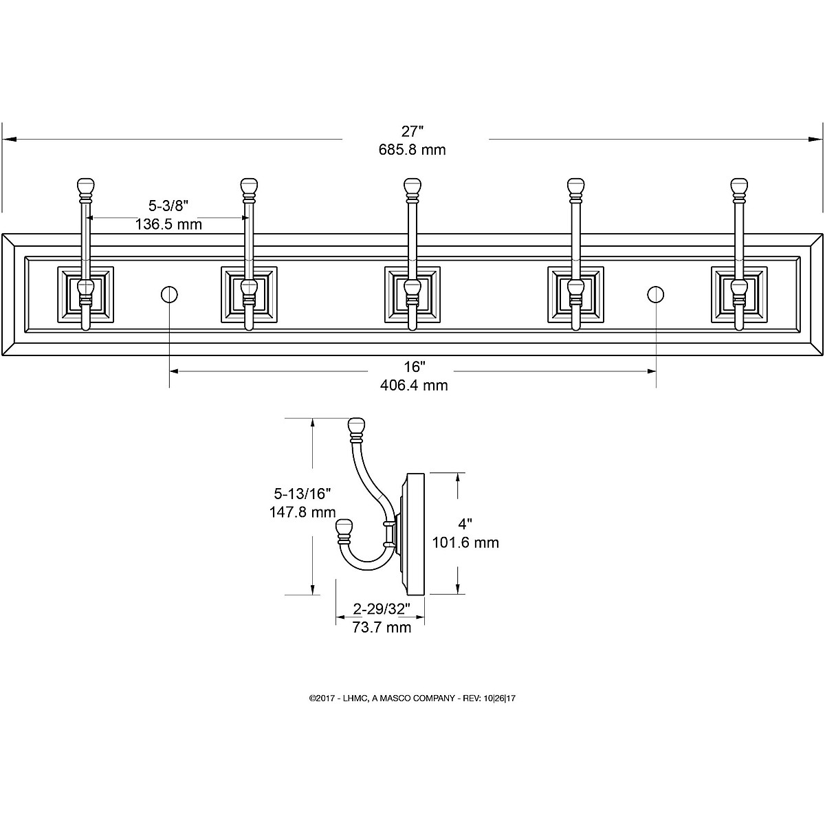 Brainerd R46121Y-WSN-L Five Arch Hook 27-inch Wide Architectural Hat and Coat Rail/Rack