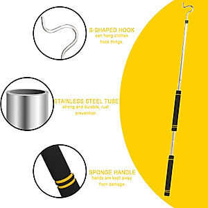 Clothes hook pole, closet hook to reach high hangers 36-46" Lightweight Spliceable S Hooks and Foam Handles (black)