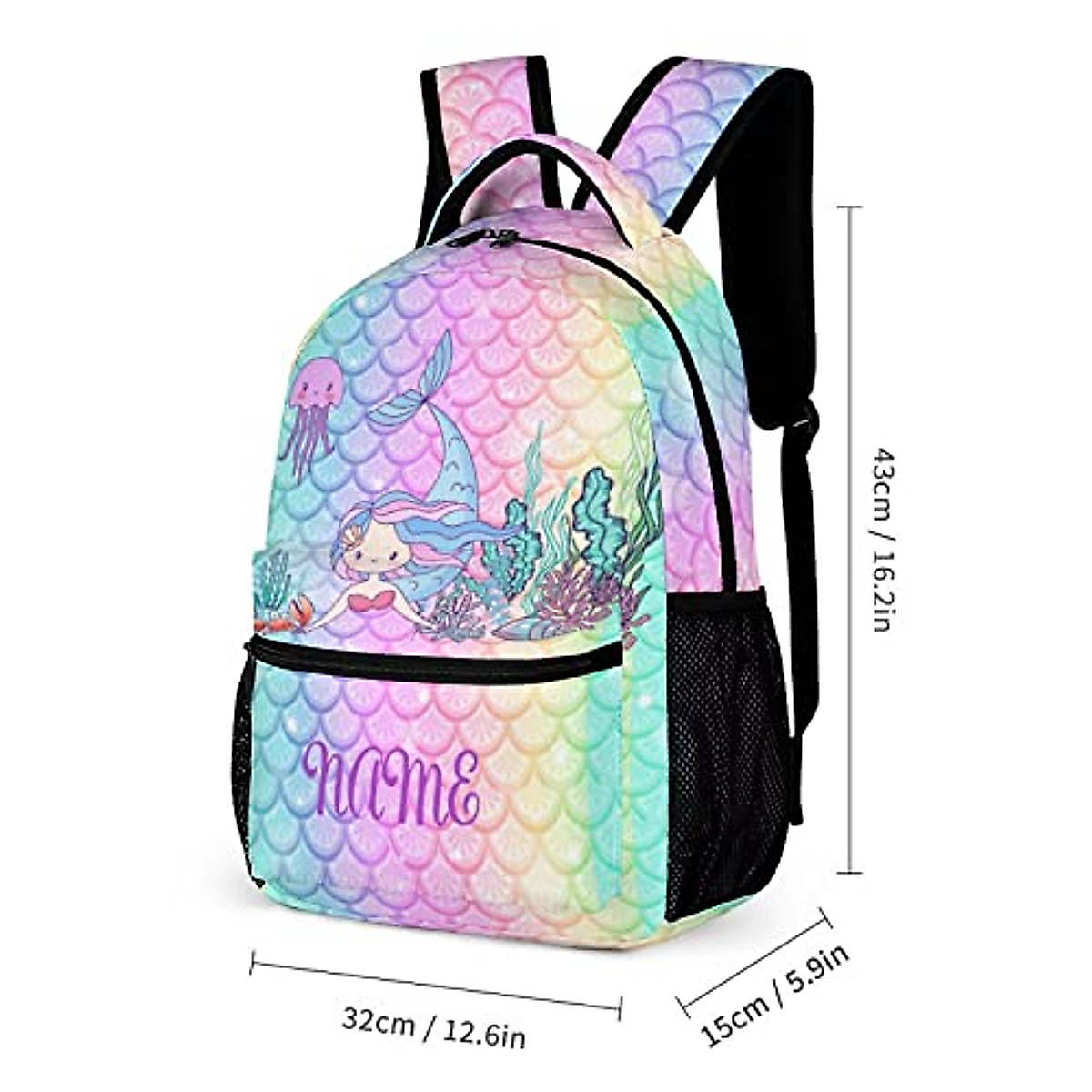 Mrokouay Mermaid Fish Scale Rainbow Custom Backpack for Boys Girls Add Your Name Personalized Backpack 3 Piece Set Customization Book Bag with Lunch Bag and Pencil Case