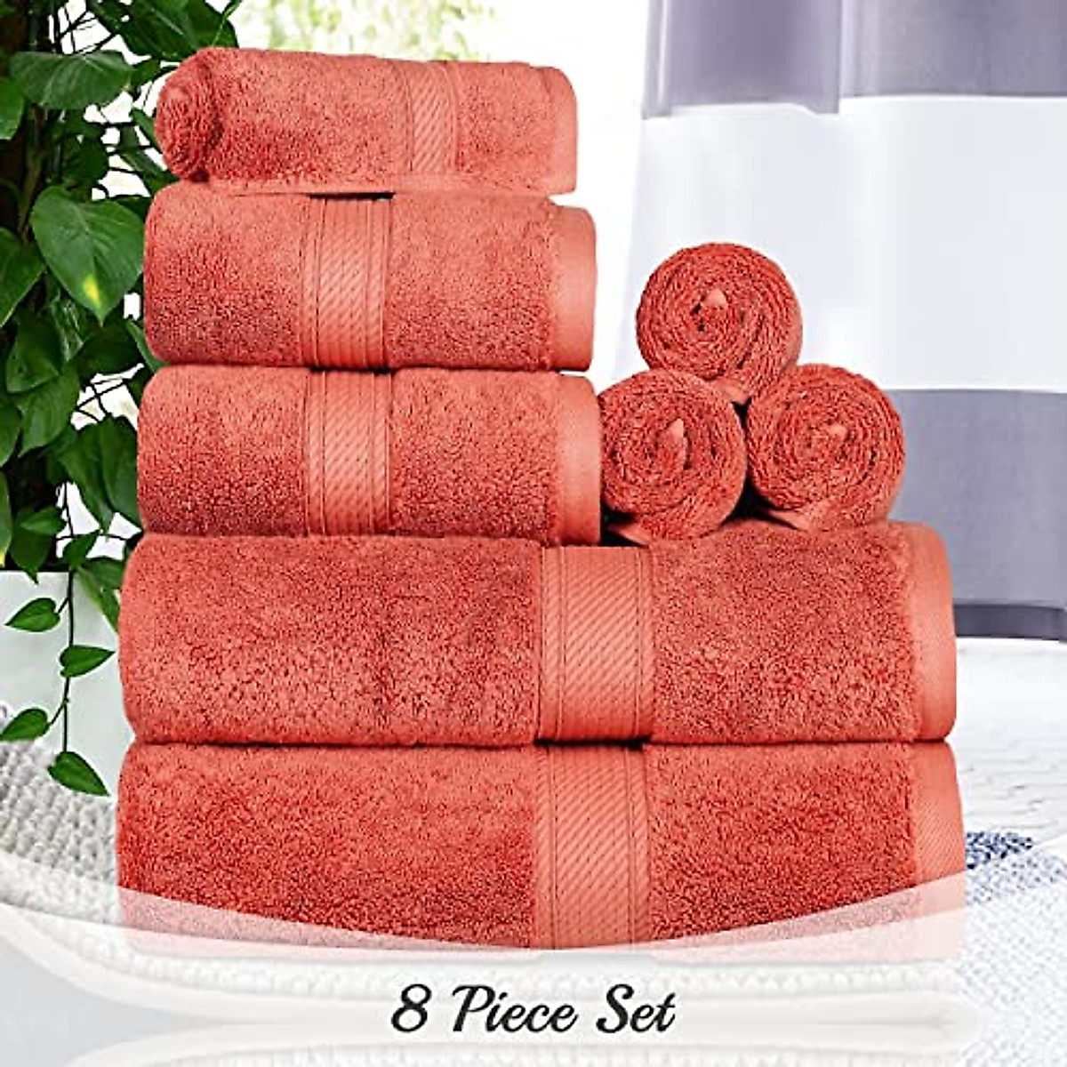 SUPERIOR Egyptian Cotton 8-Piece Solid Towel Set, Washcloths 13” x 13”, Hand Towels 20” x 30”, Bath Towels 30” x 55”, 800 GSM, Coral, 8-Pieces