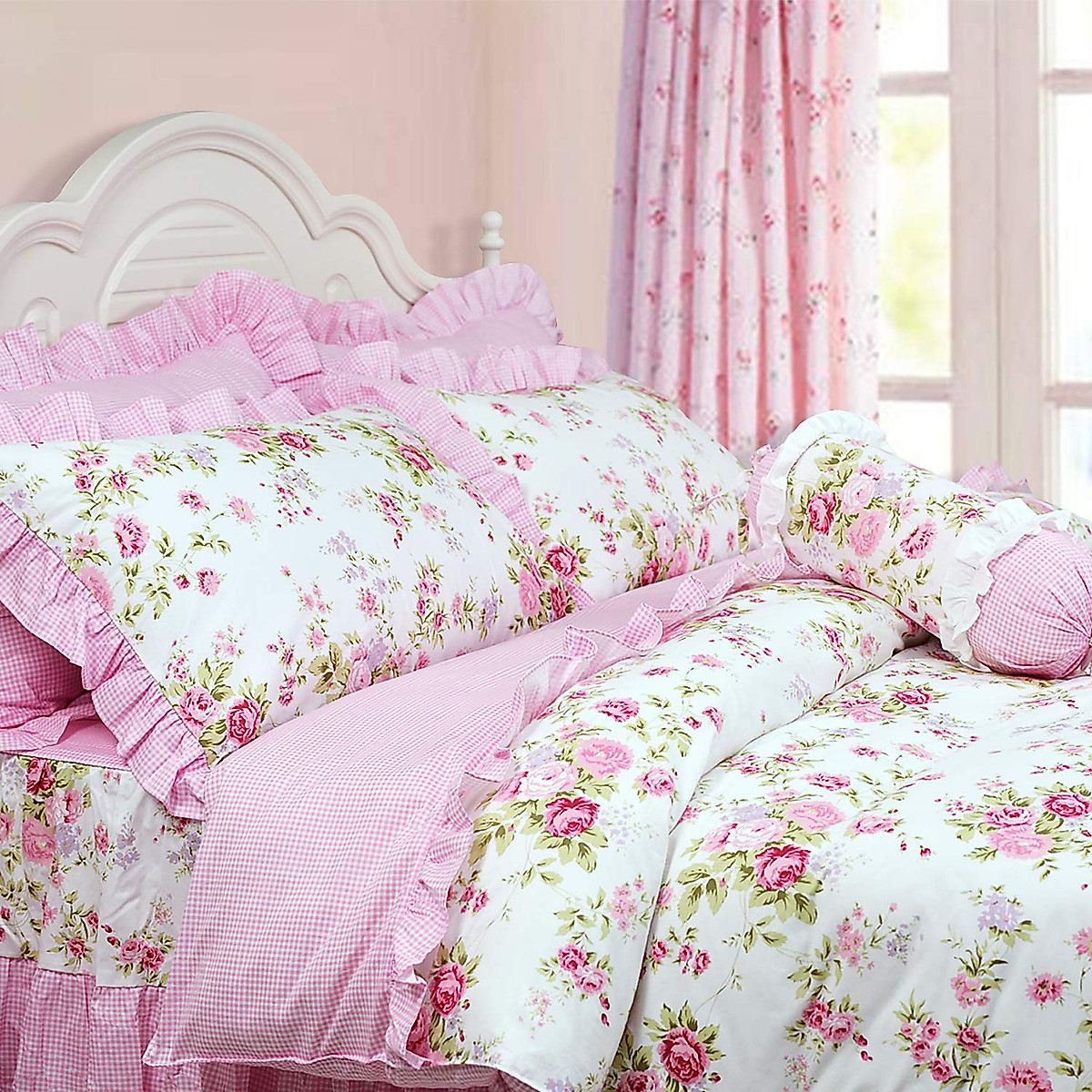 FADFAY Shabby Pink Duvet Cover Set Rose Floral Bedding Collection Elegant Princess Lace Ruffle Quilt Cover Set for Girls 4 Pieces Full Size
