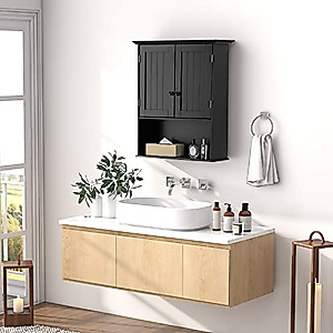 COSTWAY Wall Mounted Bathroom Cabinet, Over The Toilet Storage Cabinet w/Double Doors & Adjustable Shelf, Wood Hanging Medicine Cabinet for Living Room, Entryway, Kitchen (Black)