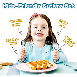 Toddler-Utensils-Kids-Silverware-Set, 8 PCS 18/10 Stainless Steel Toddler Forks and Spoons, Round Edges Children Cutlery Set with Dog & Cat Pattern, Non-slip Fork, Mirror Polished, Dishwasher Safe