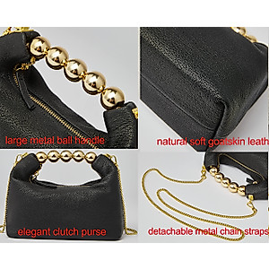 DORIS&JACKY Small Top Handle Clutch Bag Women Designer Goatskin Crossbody Purse With Pearl Handle And Detachable Metal Chain (Black)