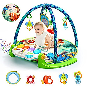 HOLYFUN Baby Gym Play Mat for 0 6 12 Month, Play Piano Keyboard, Tummy Time Playmats, Musical Activity Center with Sensory Teether Baby Toys, Early Learning Gift for Newborn Infants