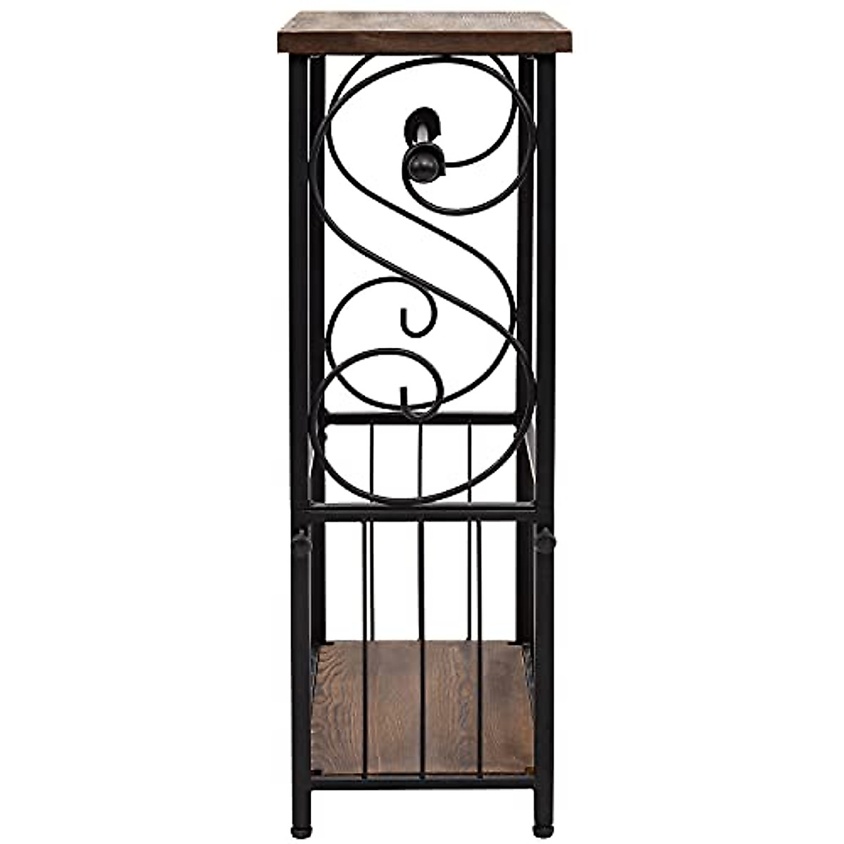 MyGift Freestanding Rustic Burnt Wood Toilet Paper Stand with Display Shelf and Matte Black Metal Scrollwork Magazine Basket, Holds up to 2 Toilet Paper Rolls