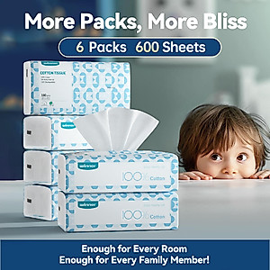 Winner Soft Face Towels - 100% USA Cotton Dry Wipes, 600 Count Unscented Cotton Tissues for Sensitive Skin, OEKO-TEX Certified Face Towelettes Disposable, Makeup Remover Facial Towels, 6 Pack