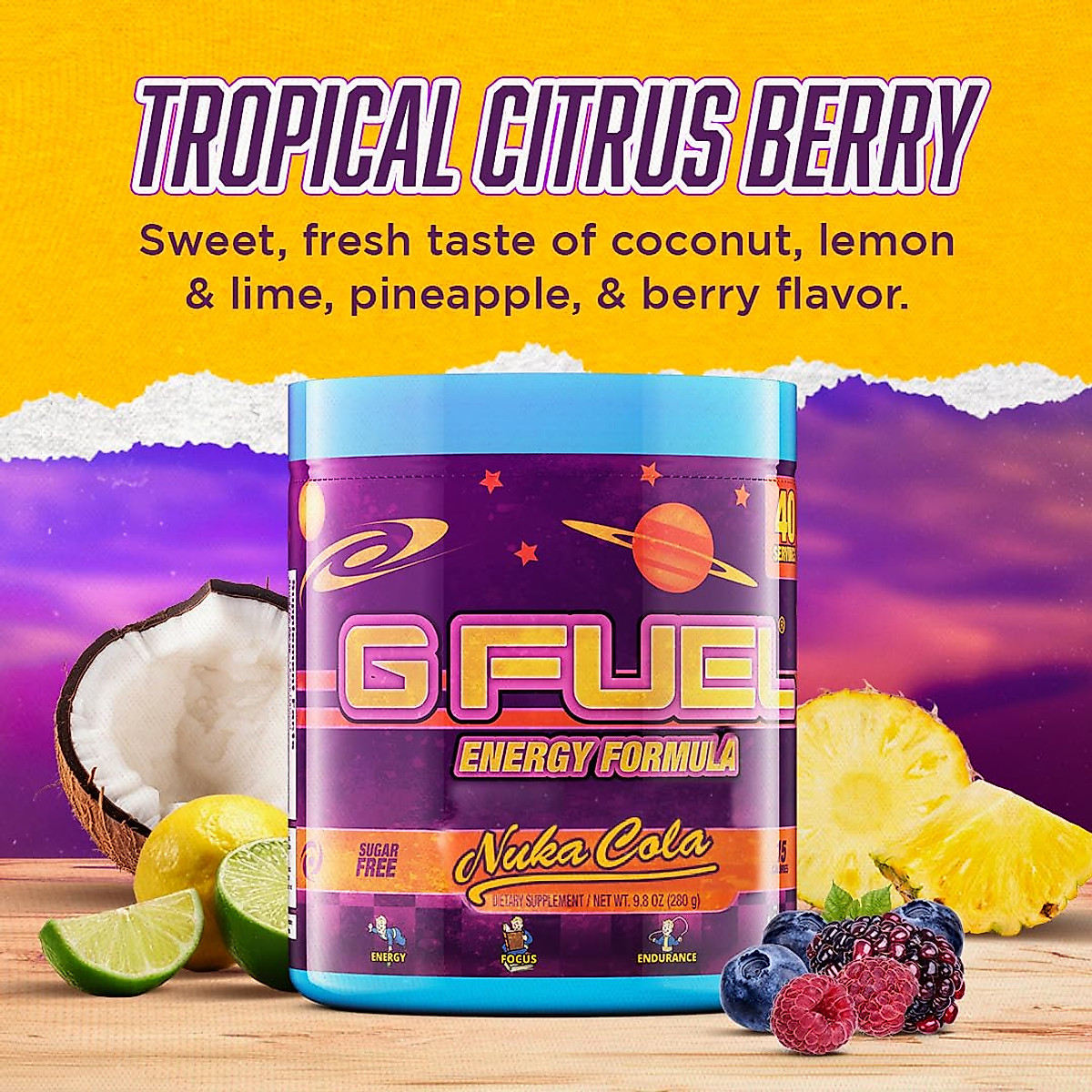 G Fuel Nuka Cola Energy Powder, Sugar Free, Clean Caffeine Focus Supplement, Water Mix, Tropical Citrus Berry Flavor, Focus Amino, Vitamin + Antioxidants Blend - 9.8 oz (40 Servings)