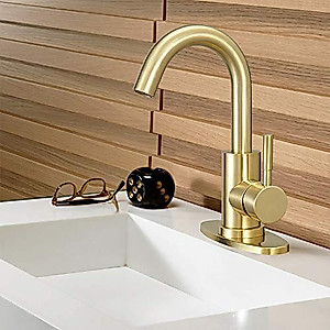 Hoimpro Modern Single Handle Wet Bar Sink Faucet with 6 Inch Cover Plate, Single Hole Bathroom Lavatory Faucet,Rv Small Bathroom Sink Faucet,Bar Vanity Faucet,Brushed Gold