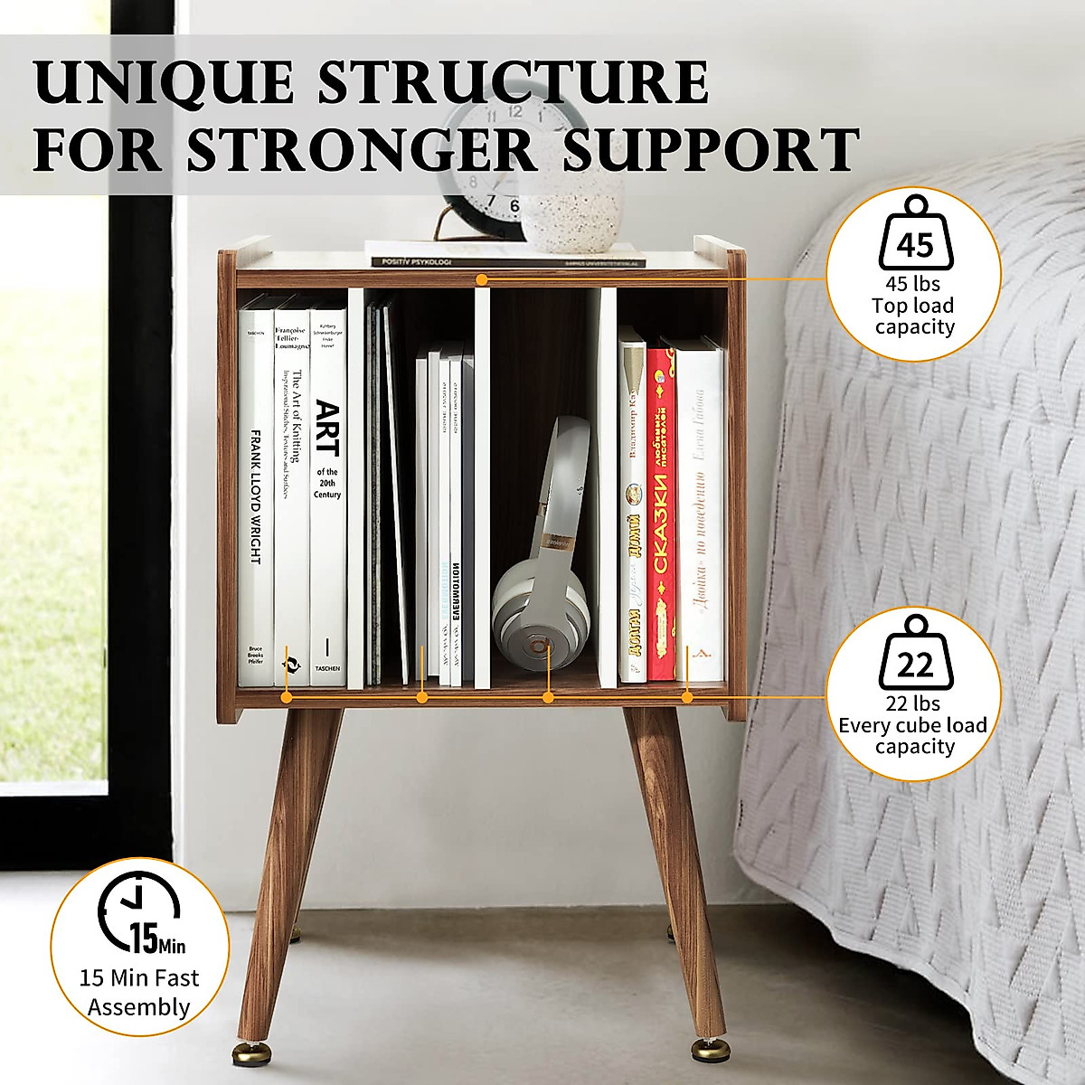 Artswish Record Player Stand Mid Century Turntable Table Vinyl Record Storage Table with 4 Cabinet, Walnut Record Display Table for Living Room Bedroom