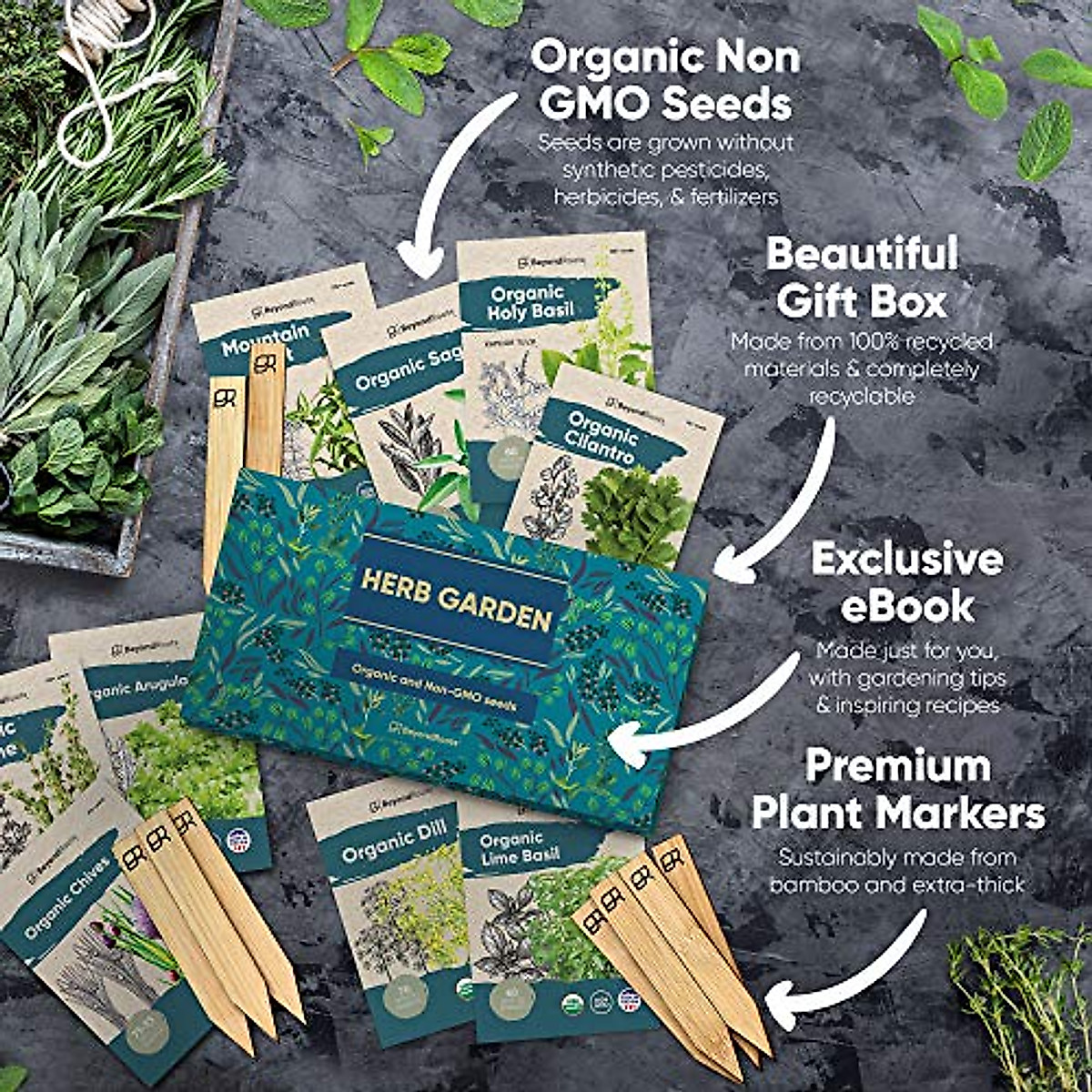 9 Herb Garden Seeds for Planting - USDA Certified Organic Herb Seed Packets - Non GMO Heirloom Seeds - Plant Markers & Gift Box - Tulsi Holy Basil, Cilantro, Mint, Dill, Sage, Arugula, Thyme, Chives