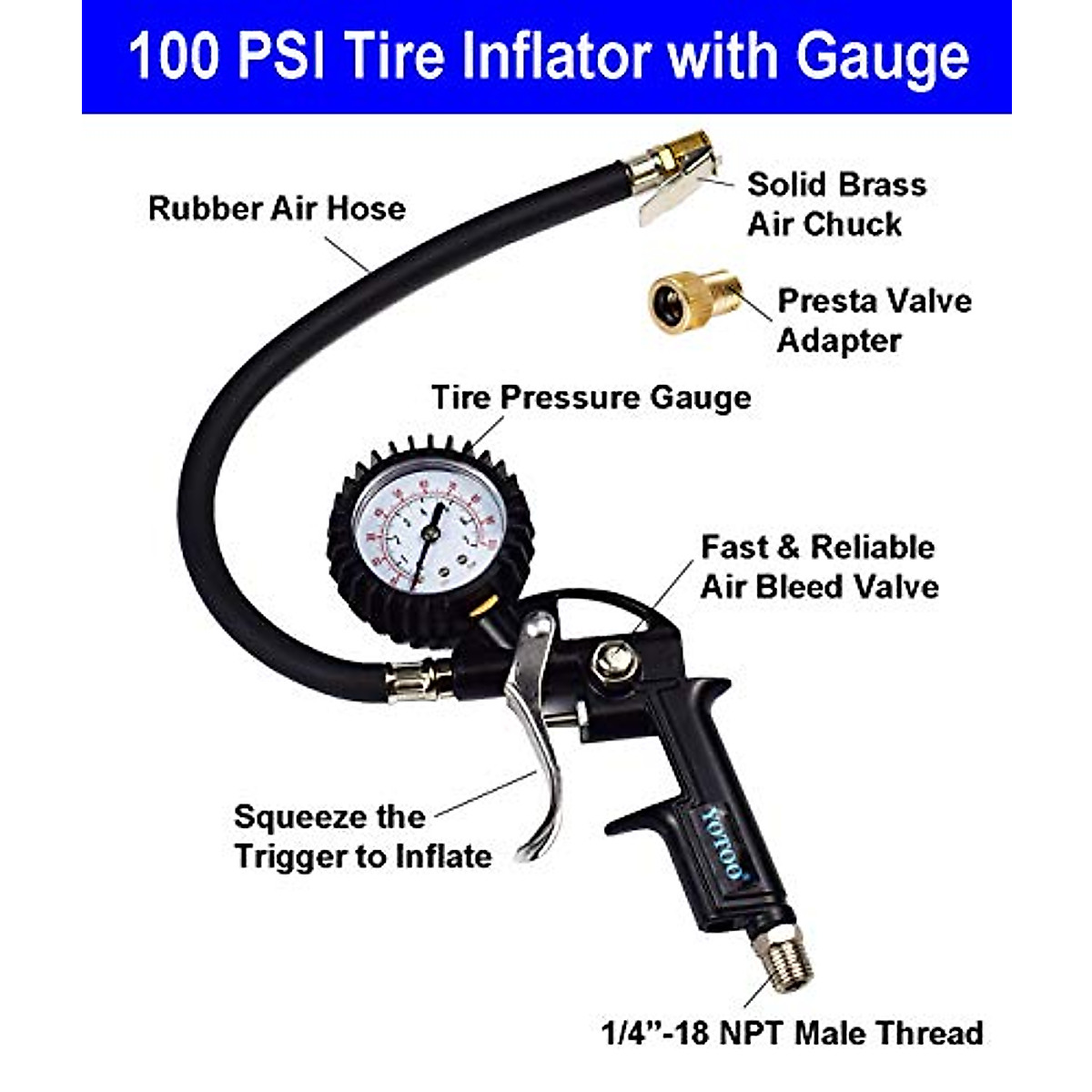 YOTOO Heavy Duty Air Compressor Accessories Kit 20 Pieces with 1/4 inch x 25 feet Polyurethane Air Compressor Hose, 100 PSI Tire Inflator Gauge, Air Blow Gun and Air Hose Fittings